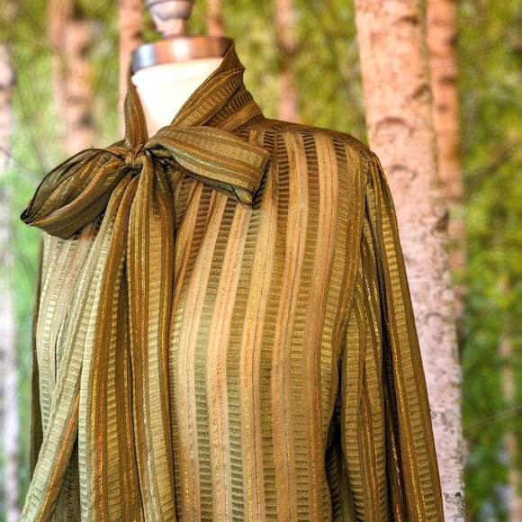 Tops | Vintage 197s Sheer Bow Tie Blouse W Metallic Gold Pink Blue Stripes | Poshmark